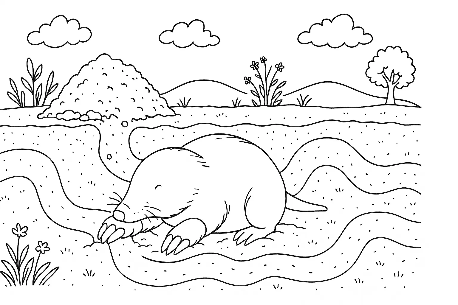 Mole Coloring Page – Kid-Friendly Habitat Scene (PDF)